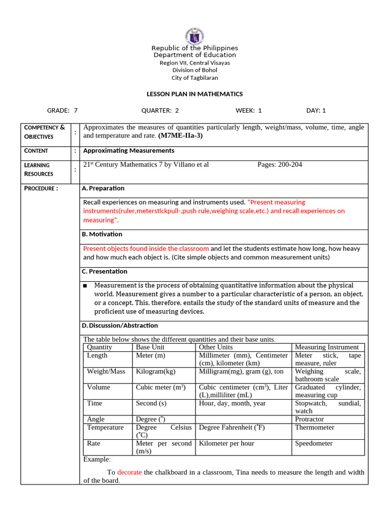 Prototype Lesson Plan Math 7 Quarter 2 Week 1 Day 1 | PDF | Measurement ...