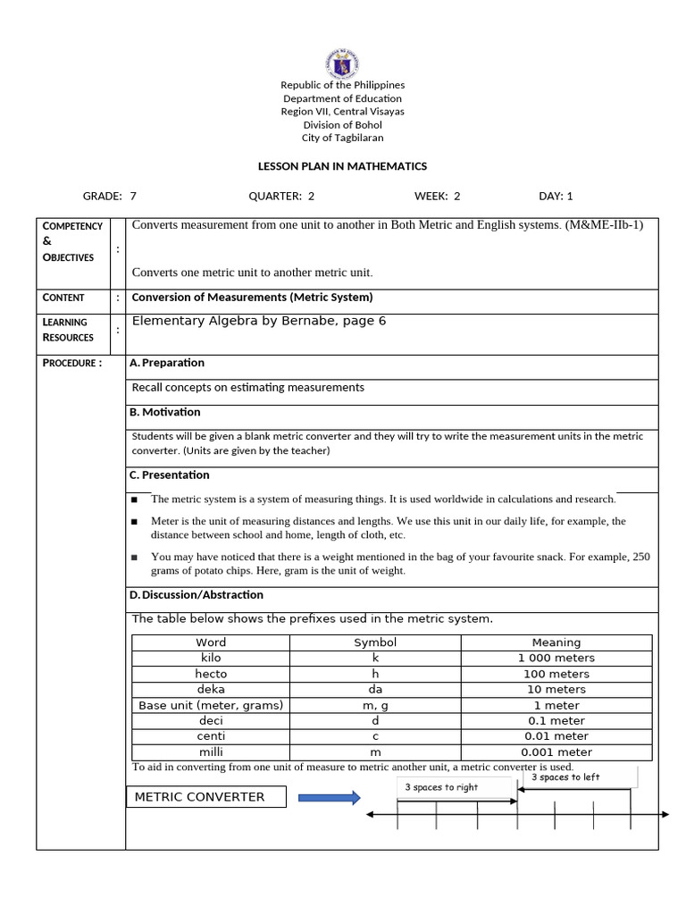 Prototype Lesson Plan Math 7 Quarter 2 Week 2 Day 1 | PDF | Metre ...