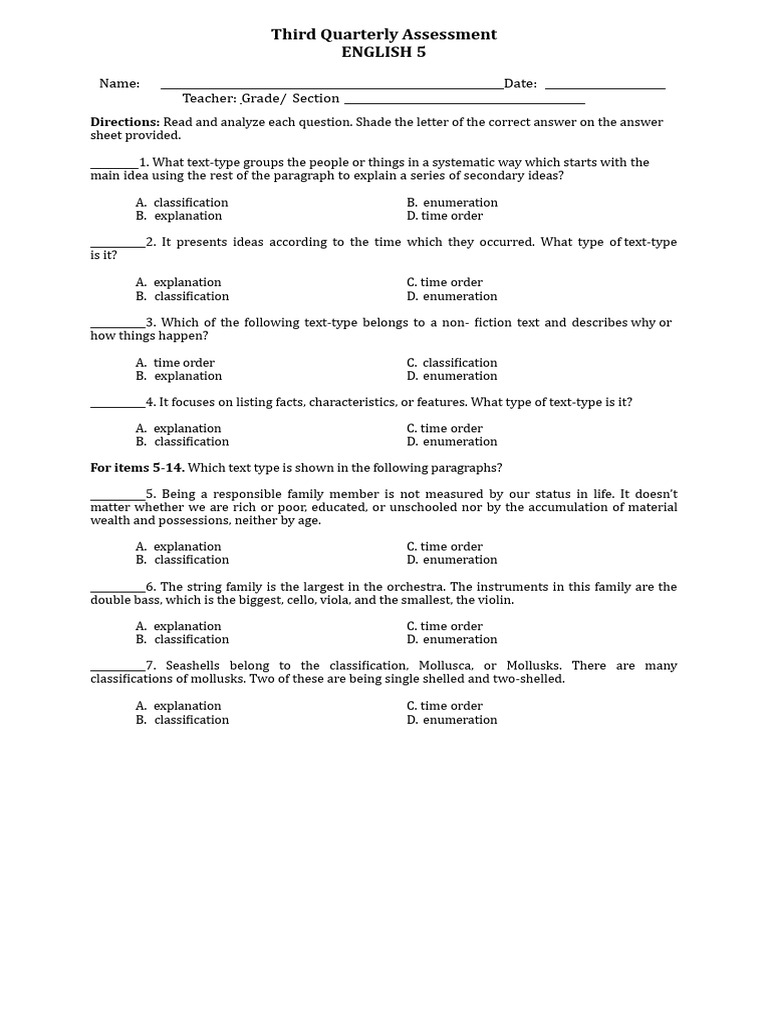 English Grade 5 q3 PT | PDF