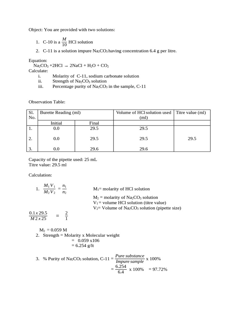 Percentage Purity of Na2CO3 (Class XI) | PDF