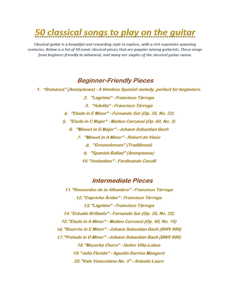 50 Classical Songs To Play On The Guitar | PDF