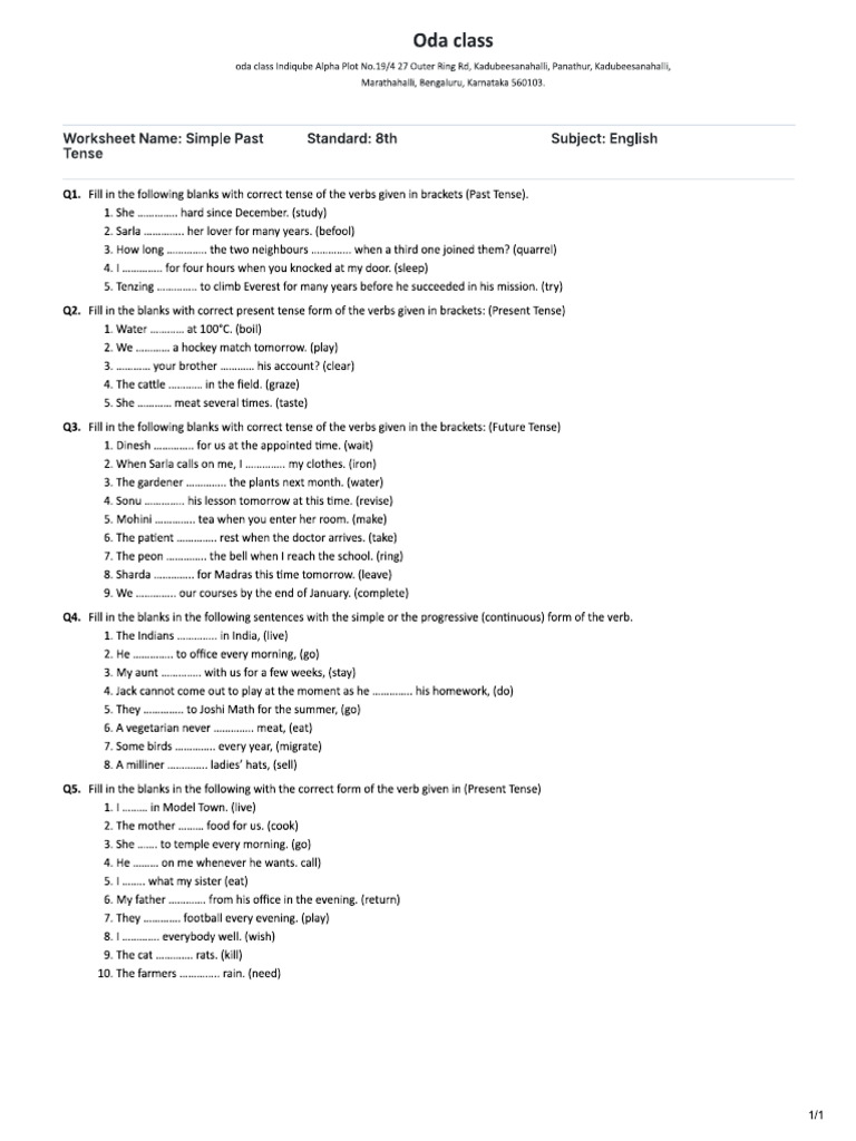 Tenses Worksheet-Class 8 | PDF