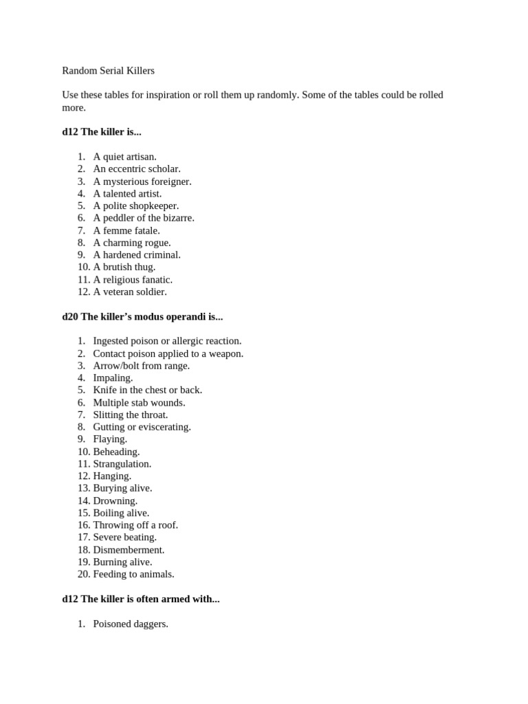 Random Serial Killer Tables | PDF
