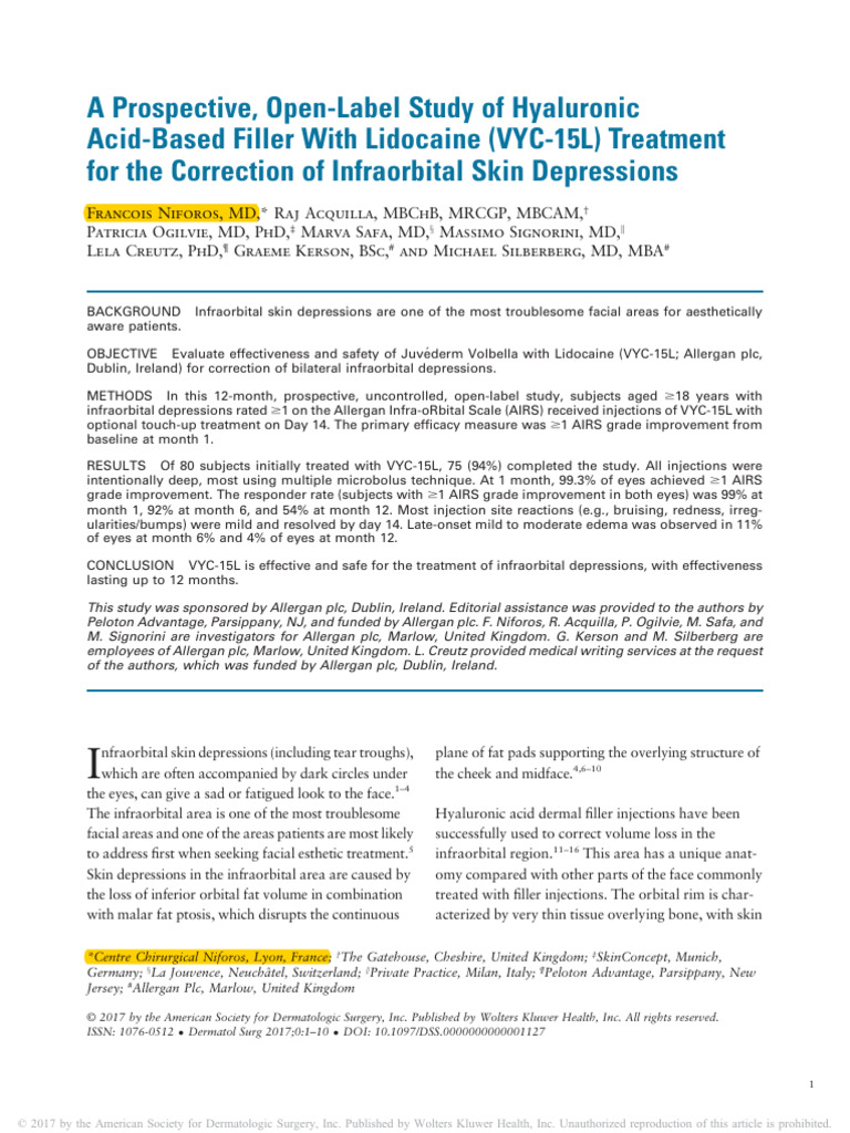 Traitement Pour Correction Des Cernes Avec Acide Hyaluronique Publication Dans Dermatologic ...