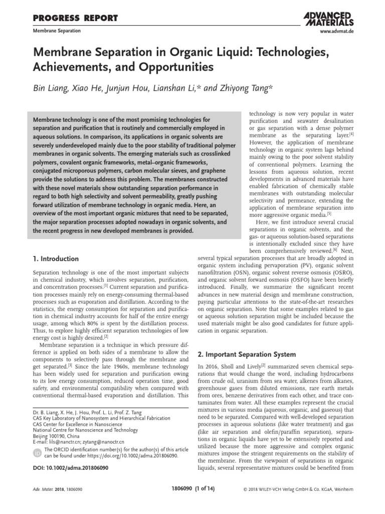 Membrane Separation in Organic Liquids | PDF | Ethanol | Membrane