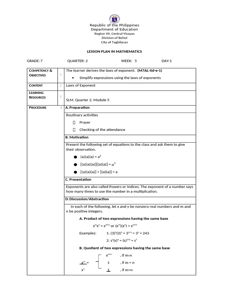 Grade 7 Mathematics Lesson Plan: Exponents | PDF | Exponentiation ...