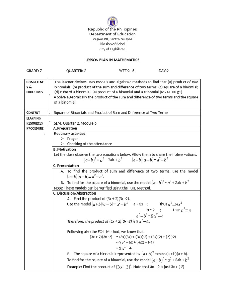 Prototype Lesson Plan in Math 7 Q2 Week6 Day 2 | PDF | Mathematics | Area