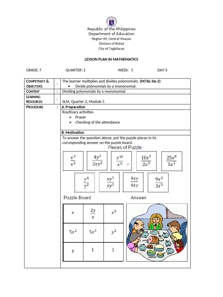 Prototype Lesson Plan in Math 7 Q2 Week5 Day 3 | PDF | Division ...