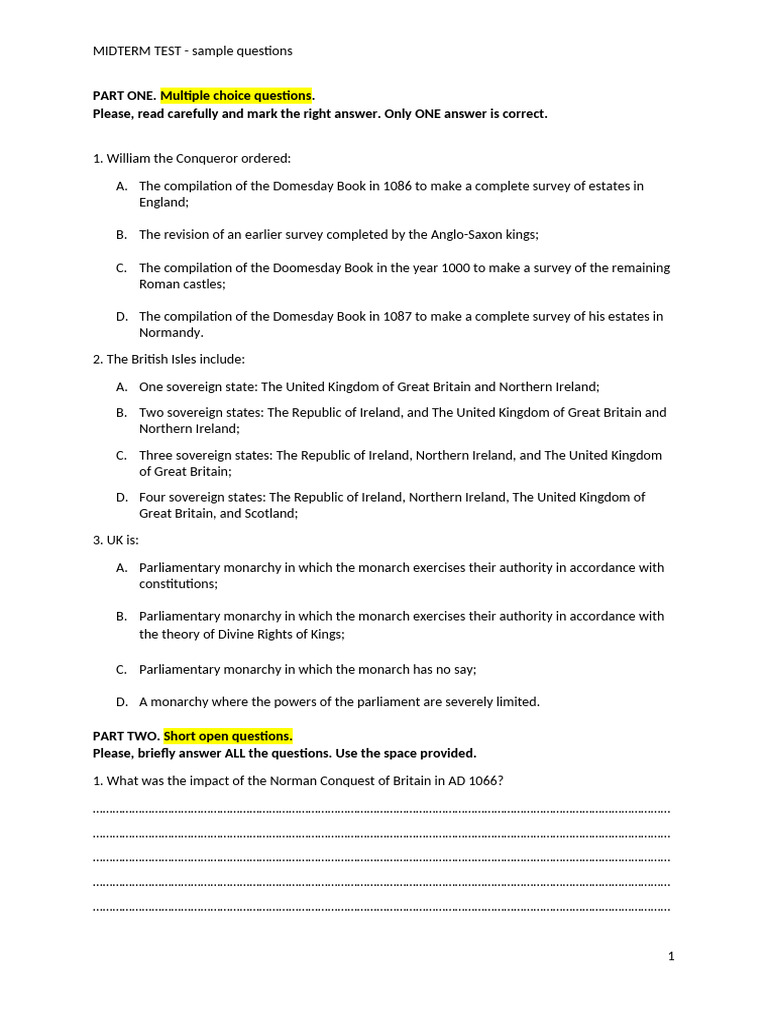 Midterm Test-Sample 2024 | PDF | United Kingdom | Monarchy Of The ...
