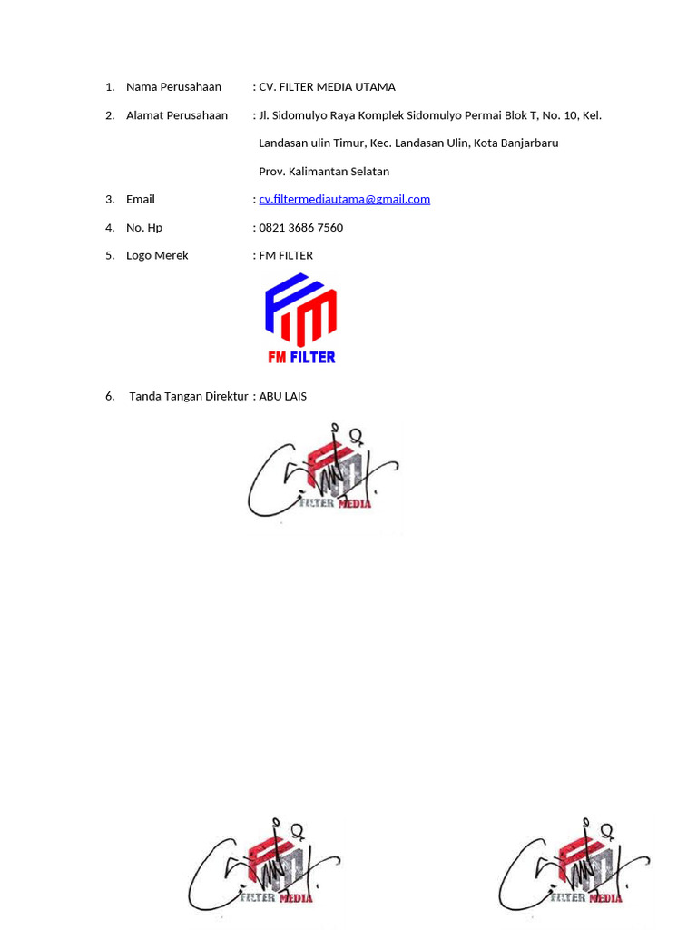 Cv. Filter Media Utama | PDF