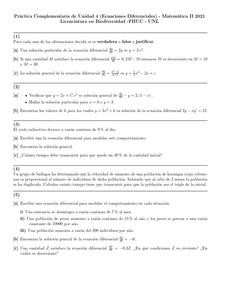 PRÁCTICA COMPLEMENTARIA UNIDAD IV (Ec - Diferenciales) BIODIVERSIDAD 2021 | PDF