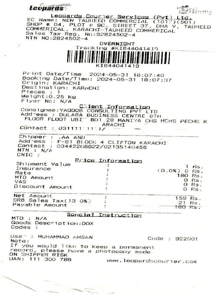 Courier Slip of Legal Notice Yaqoob Consulting 31-05-2024 | PDF