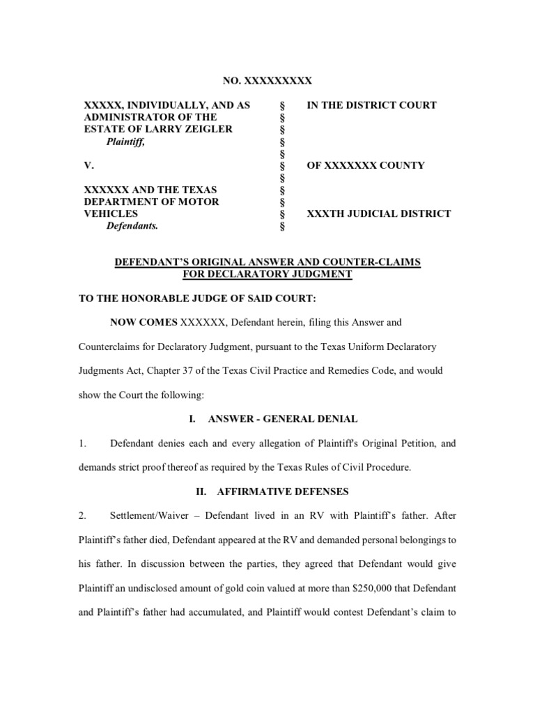 Declaratory Judgment - BLANK | PDF | Declaratory Judgment | Conversion (Law)