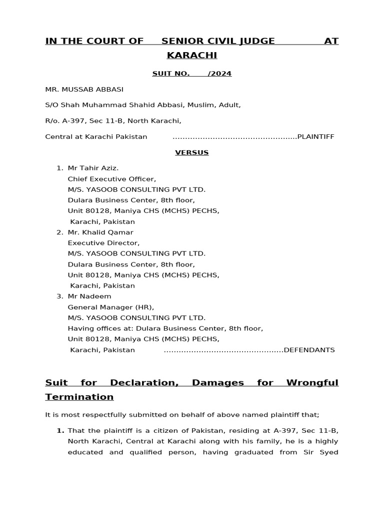 Suit For Declaration, Wrongful Terminaton and Damages | PDF | Lawsuit ...
