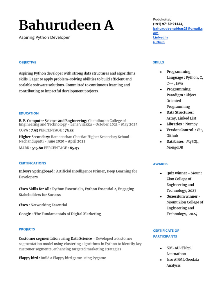 Aspiring Python Developer Resume | PDF | Computer Programming | Python ...