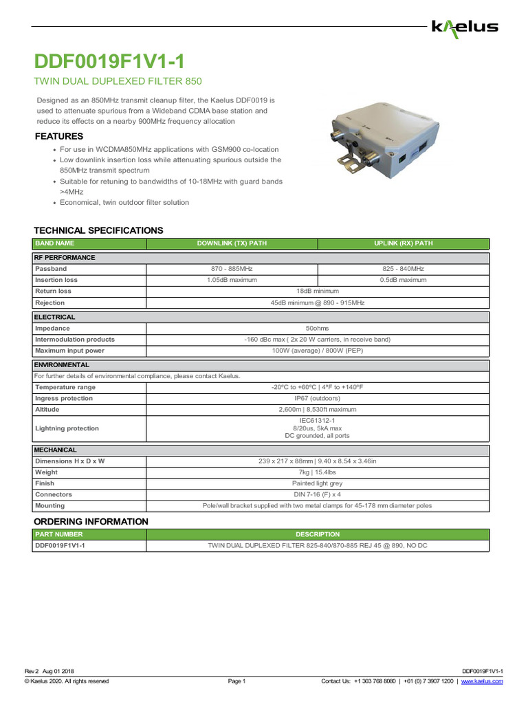 850MHz Twin Duplexed Filter Specs | PDF | Bandwidth (Signal Processing ...