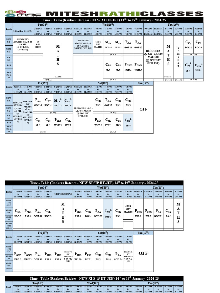 Time - Table (Rankers Batches - NEW XI IIT-JEE) 14 To 19 January - 2024-25 | PDF