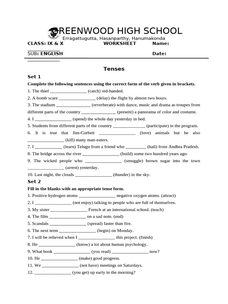 Class 10 Tenses Worksheet with Answers | PDF