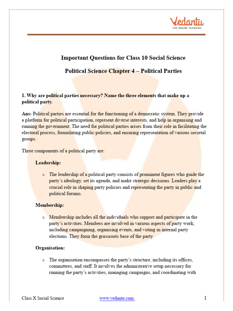 Chapter 4 Political Parties Class 10 Important Questions PDF | PDF ...