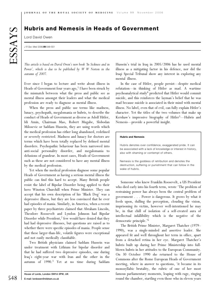 Owen-2006-Hubris and Nemesis in Heads of Government | PDF | Mental ...