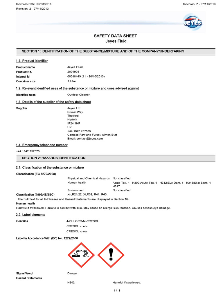 Jeyes Fluid Safety Data Overview | PDF | Toxicity | Dangerous Goods