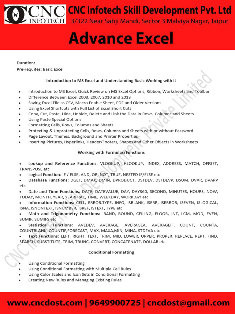 advance-excel-syllabus-cncinfotech | PDF | Microsoft Excel | Computing