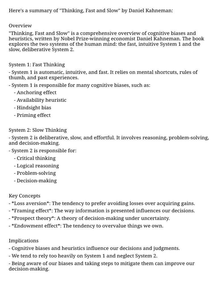 A Summary of Thinking, Fast and Slow by Daniel Kahneman | PDF