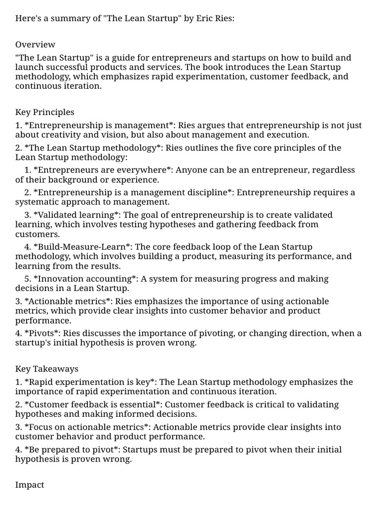 A summary of The Lean Startup by Eric Ries | PDF