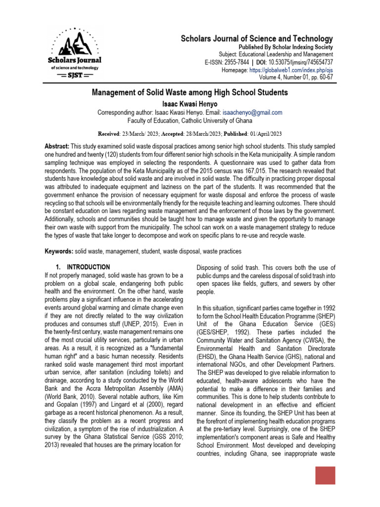 Solid Waste Disposal Practices Among Senior High Students in The Keta Municipali | PDF | Waste ...