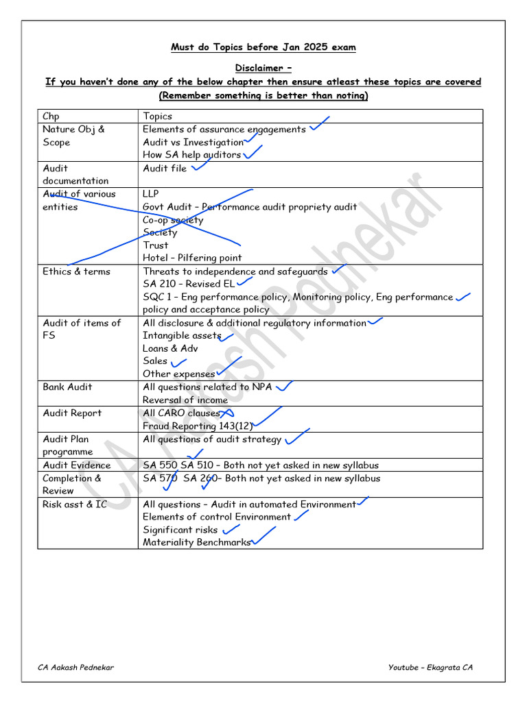 Essential Audit Topics for Jan 2025 Exam | PDF