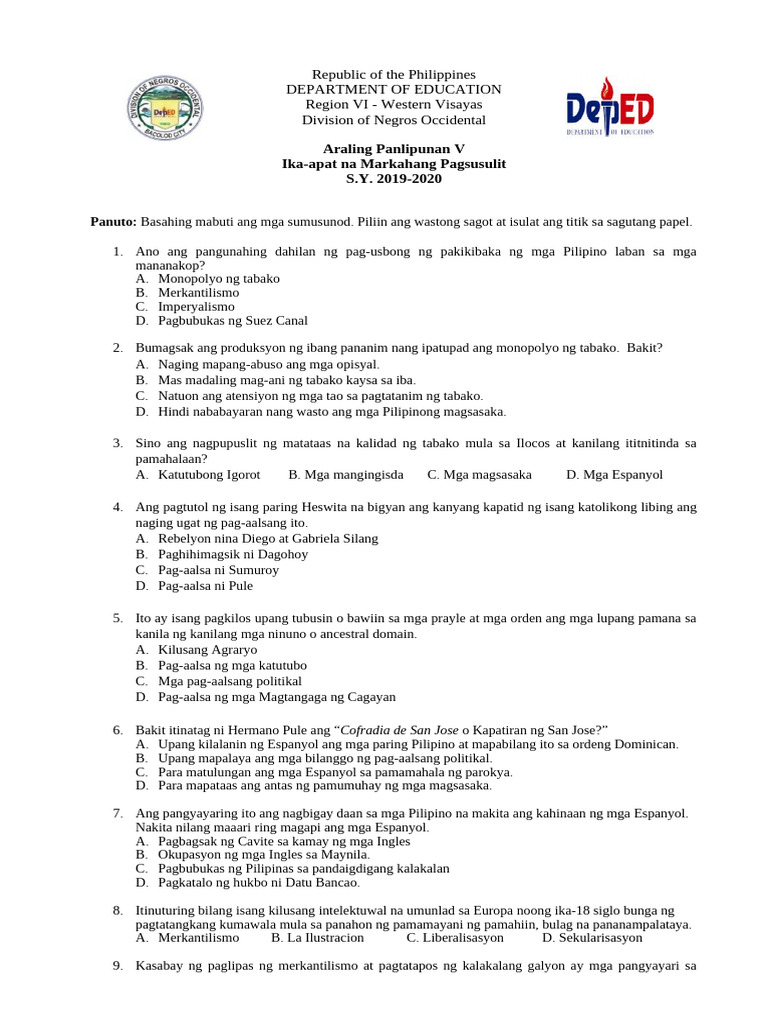 Grade 5 AP Q 4 SY 19 20 TQ | PDF