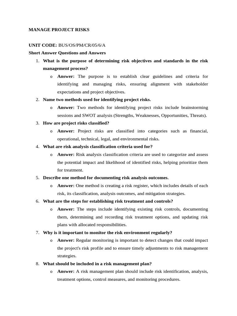 MANAGE PROJECT RISKS QUESTIONS | PDF | Risk Management | Risk