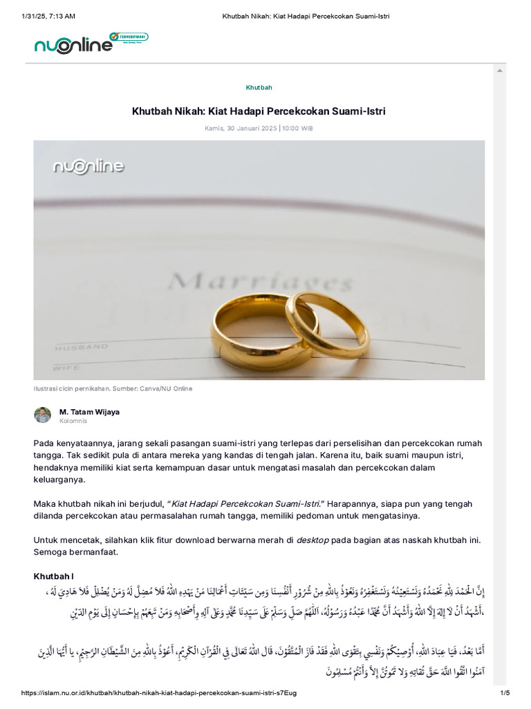 Khutbah Nikah - Kiat Hadapi Percekcokan Suami-Istri | PDF