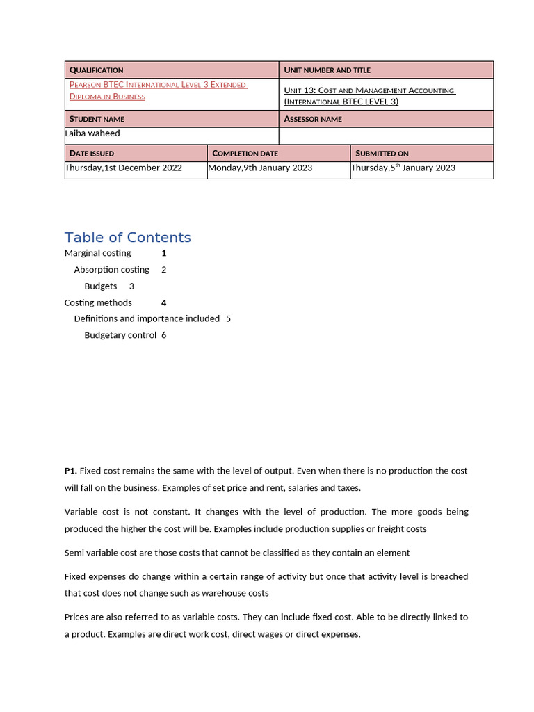Accounting Assignment (AutoRecovered) | PDF | Cost Accounting | Incentive