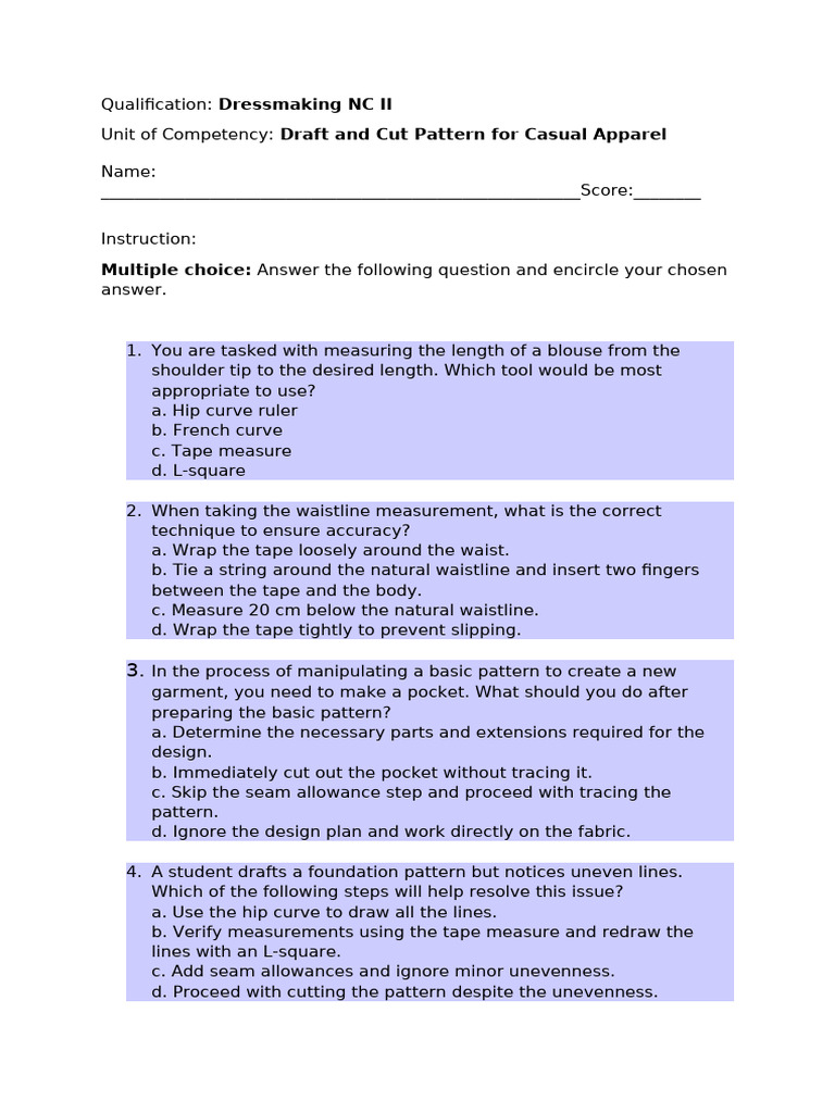 20 ITEM TEST-Dressmaking | PDF | Seam (Sewing) | Clothing