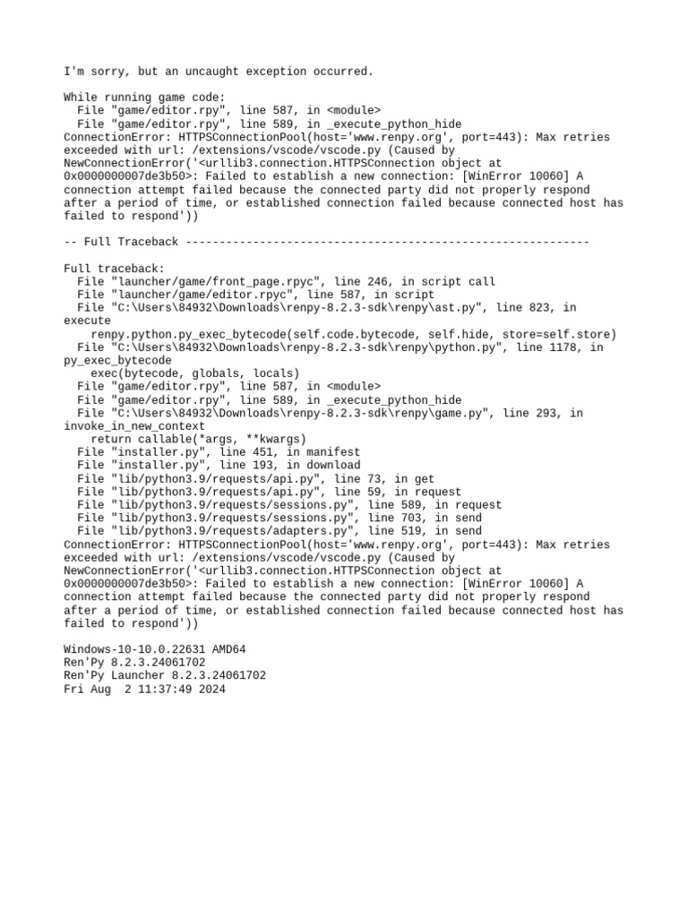 Ren'Py Connection Error Debugging | PDF