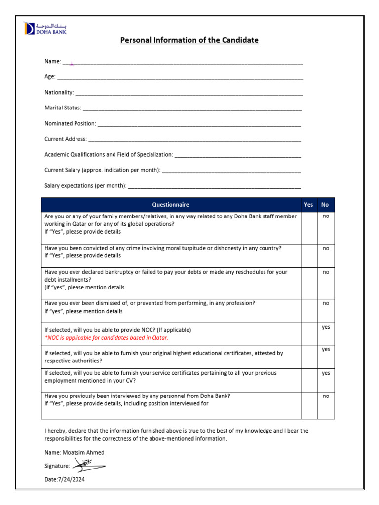 Candidate Personal Information | PDF