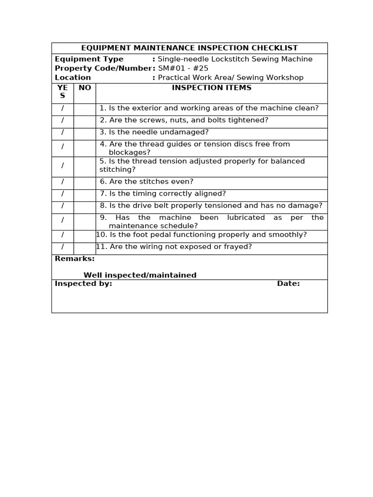 Sewing Machine Maintenance Checklist | PDF