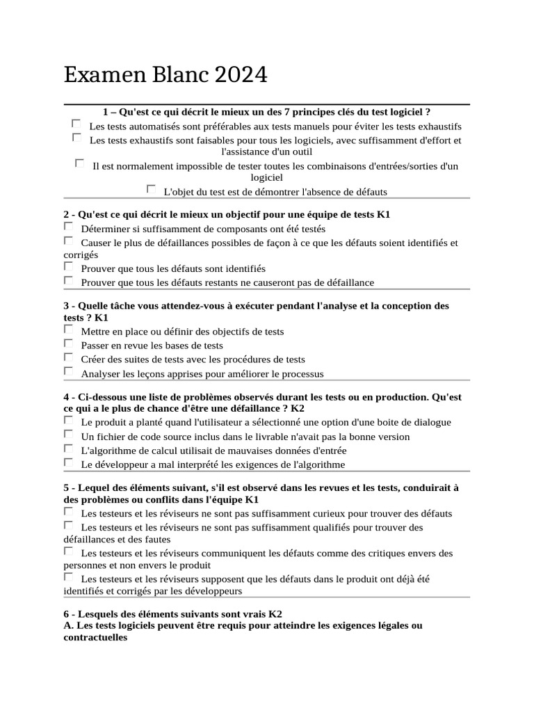 Examen Blanc Test Logiciel 2024 | PDF | Test de logiciel | Logiciel