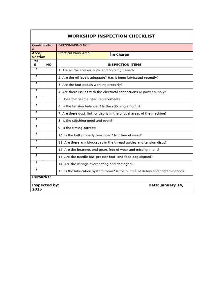 Workshop Inspection Checklist | PDF