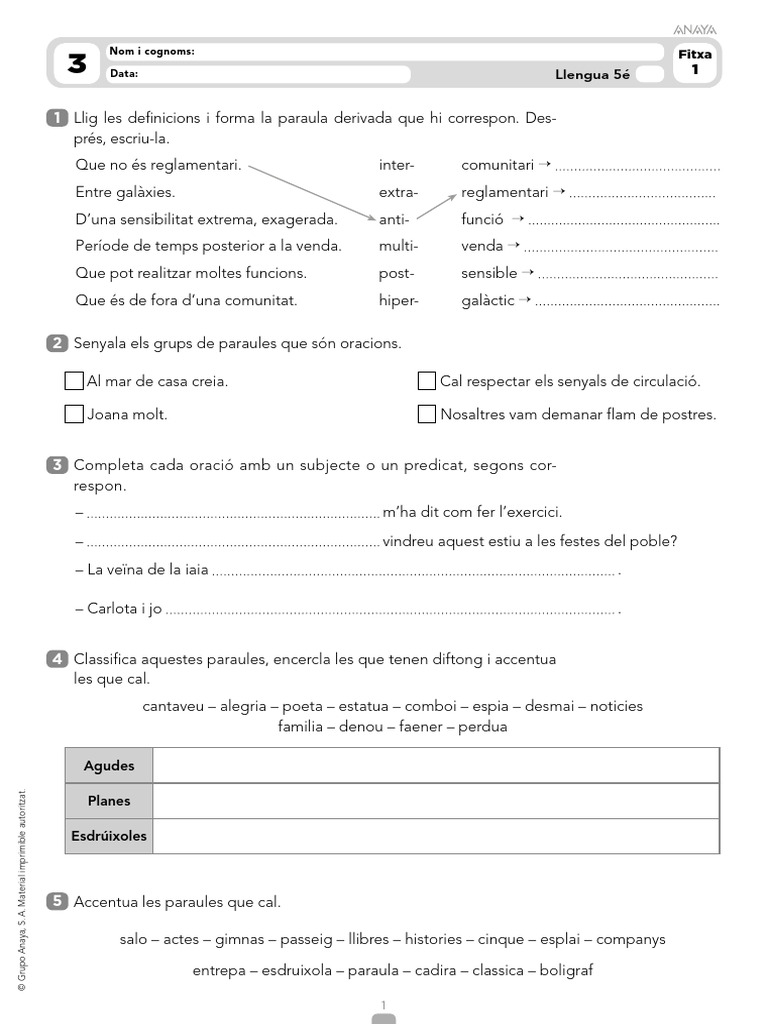 Ficha Refuerzo Valenciano 5º t3 | PDF