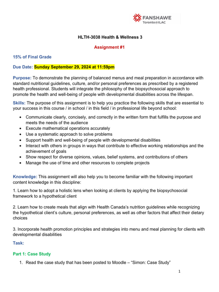 HLTH-3038 Fall 2024 Assignment #1 Instructions | PDF | Meal | Knowledge