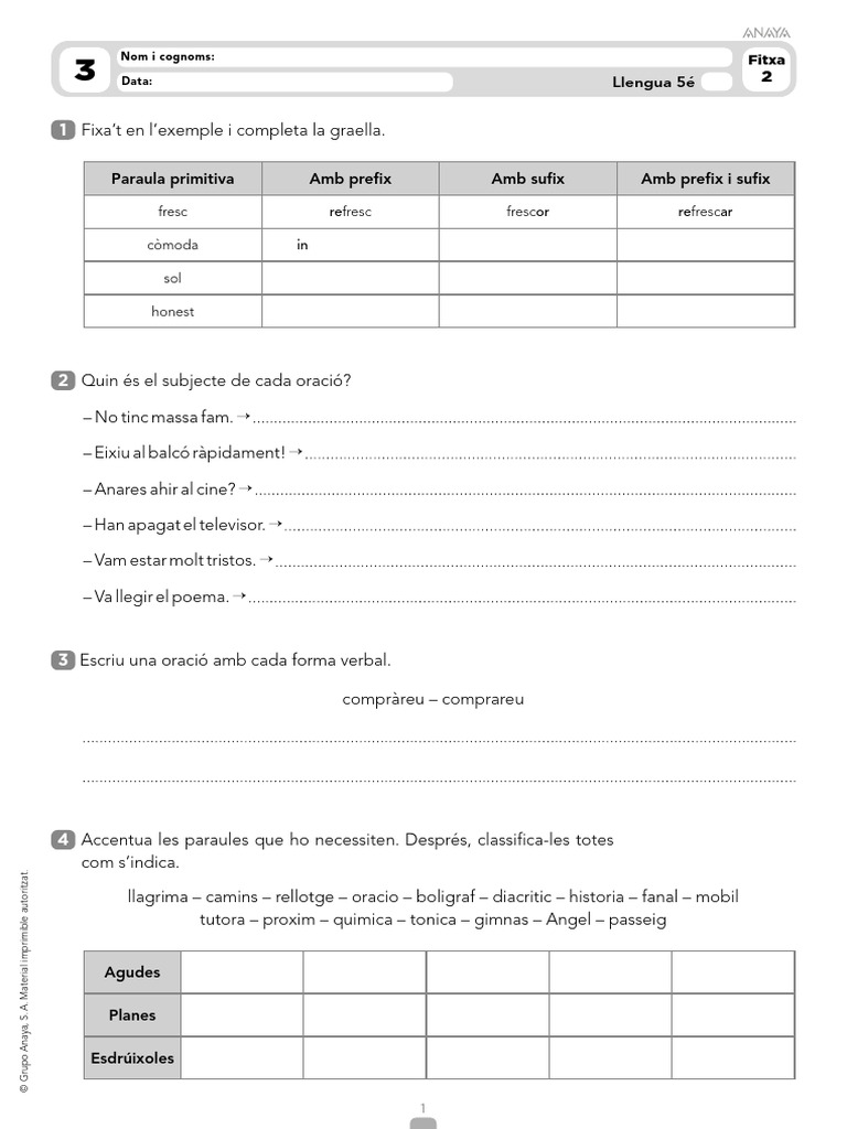 Ficha Refuerzo Valenciano 5º t3-1 | PDF