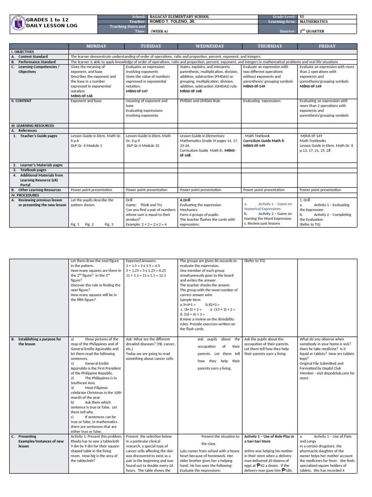 DLL_MATHEMATICS 6_Q2_W6 | PDF | Exponentiation | Multiplication