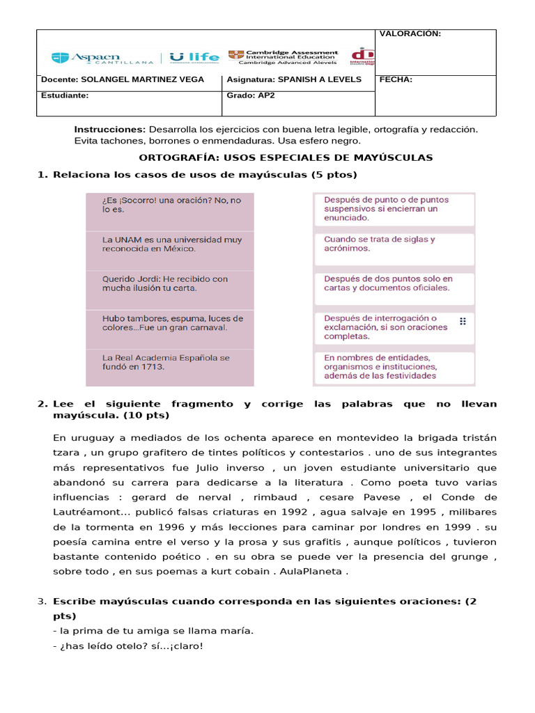 Ejercicios sobre Uso de Mayúsculas | PDF | Caso de carta | Escritura