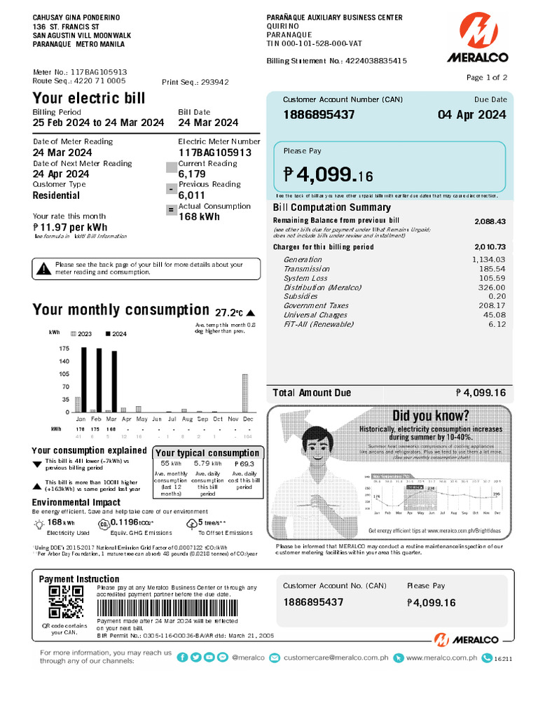 April 2024 Electric Bill Summary | PDF | Value Added Tax | Power (Physics)
