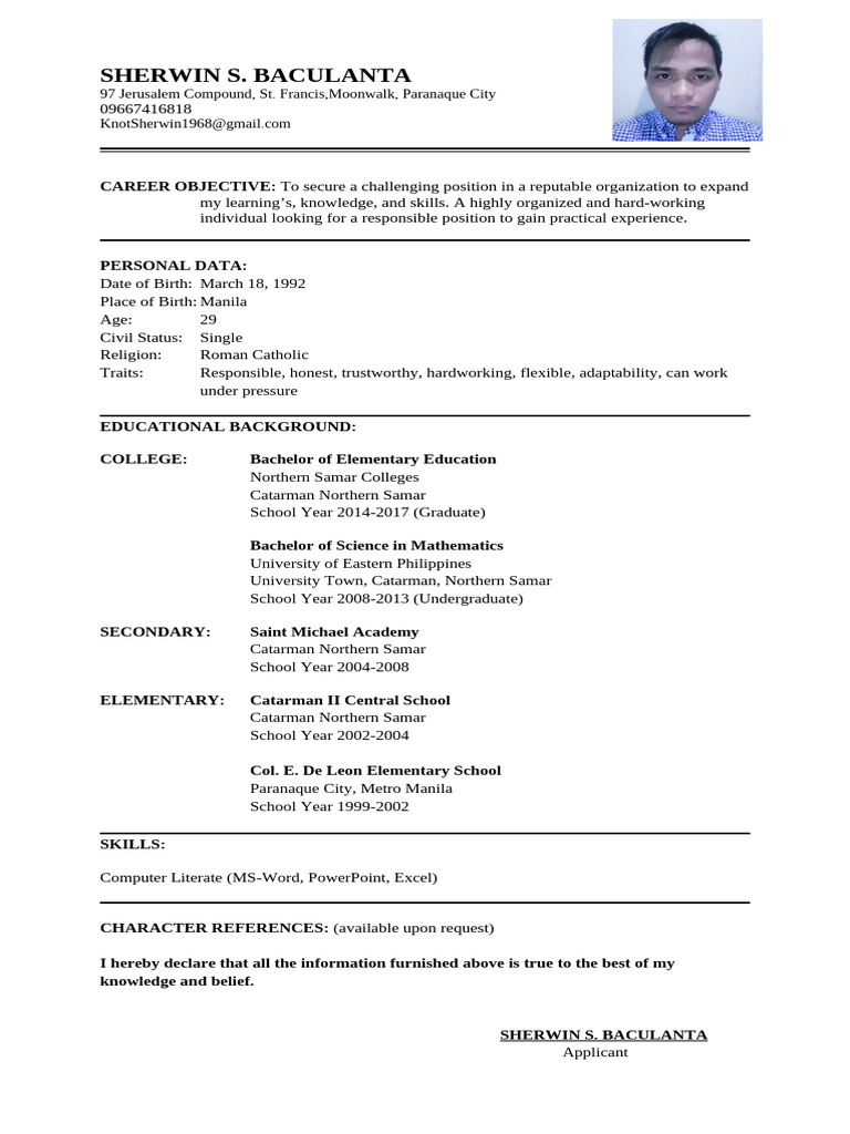 Sherwin Baculanta Resume Overview | PDF