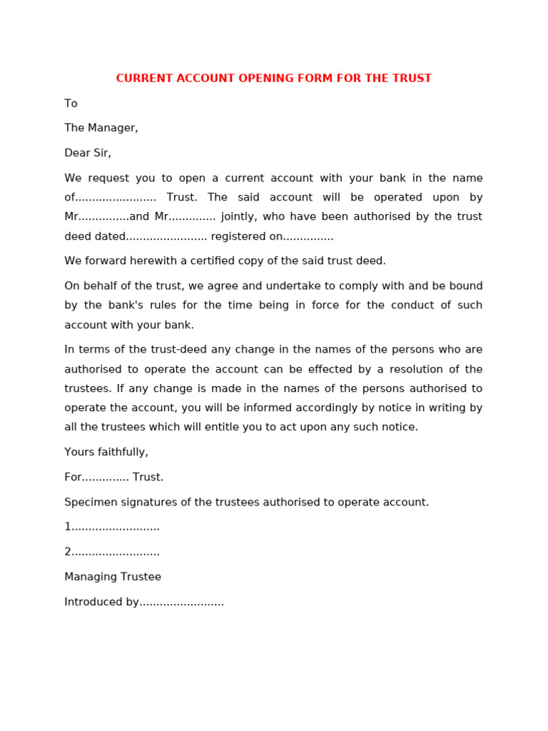 Current Account Form for Trusts | PDF