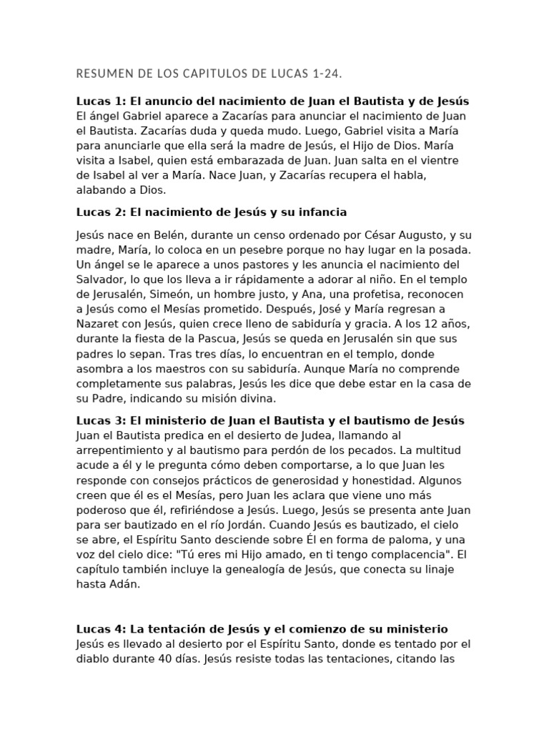 RESUMEN DE LOS CAPITULOS DE LUCAS 1 Al 24 | PDF | Jesús | Natividad De Jesus