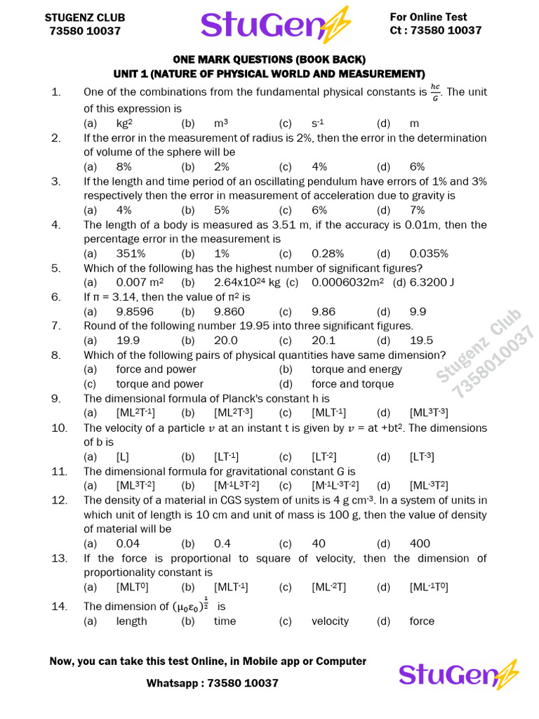 11th Physics One Mark Book Back Full Syllabus | PDF | Force | Momentum